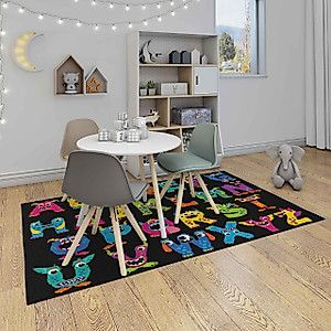 LOKMU Non-Slip Area Rugs Cartoon Fluffy Monsters Alphabet on Black Home Decor Rugs Carpet for Classroom Living Room Bedroom Dining Kindergarten Room 5'x7'
