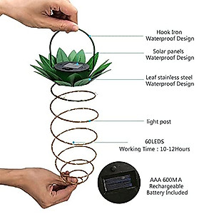 BQOQB 2 Pack Solar Pineapple Light - 60 LEDs Outdoor Garden Decor Hanging Lantern with Handle Waterproof for Patio,Porch,Path,Yard,Walkway,Lawn