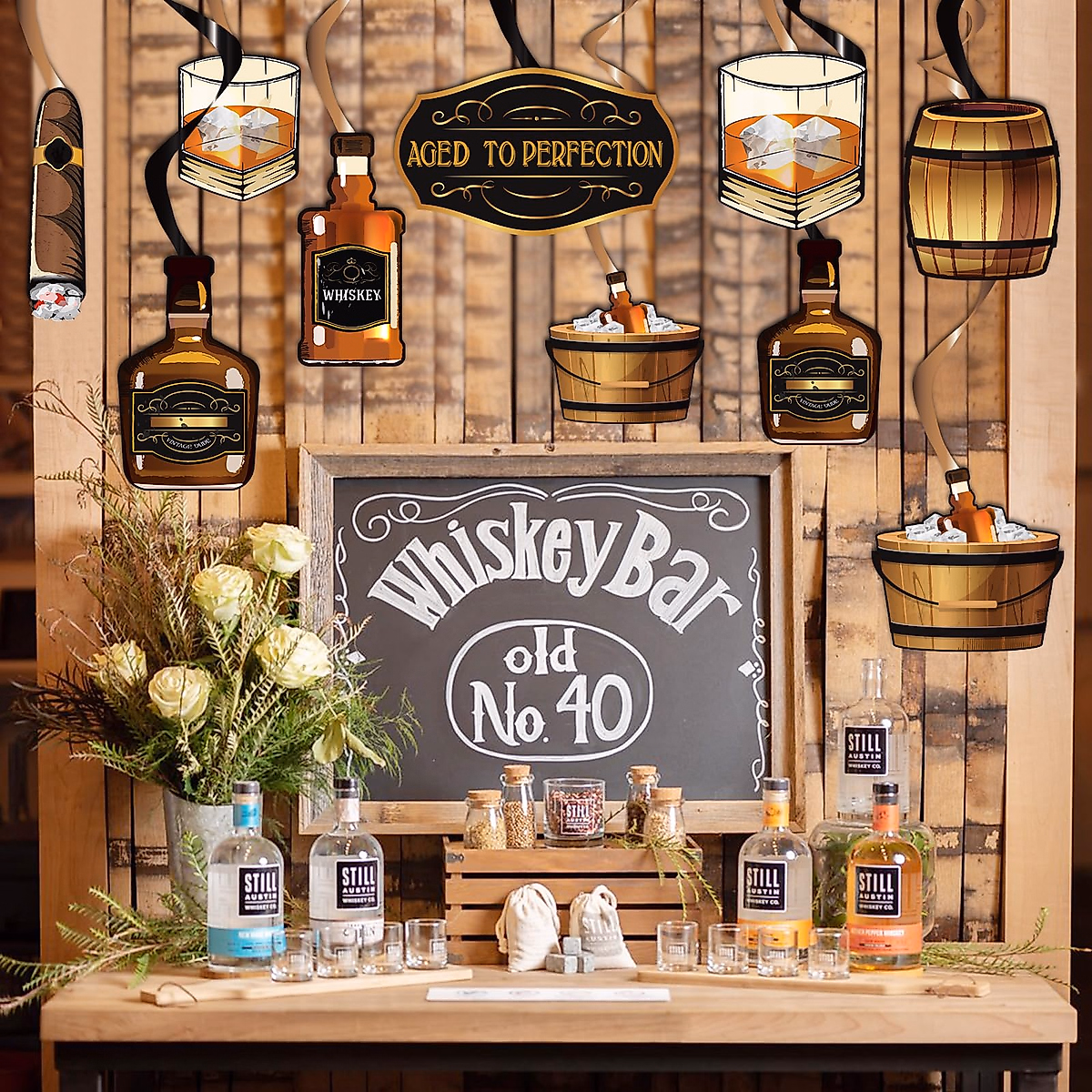 WEEPA 21 Pcs Whiskey Birthday Party Decorations for Men Aged to Perfection Party Supplies Whiskey Party Hanging Swirls Beer Themed Party Decorations for 30th 40th 50th Birthday Decorations