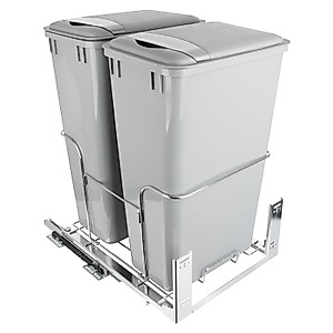 Pull-Out Trash Can, 50Qt Double Bins, Under Mount Waste Container with Soft-Close Slides, 176 lbs Load Capacity & Recycling Bin Door-Mounted Brackets Garbage with Lids for Kitchen Home Cabinet,2pack