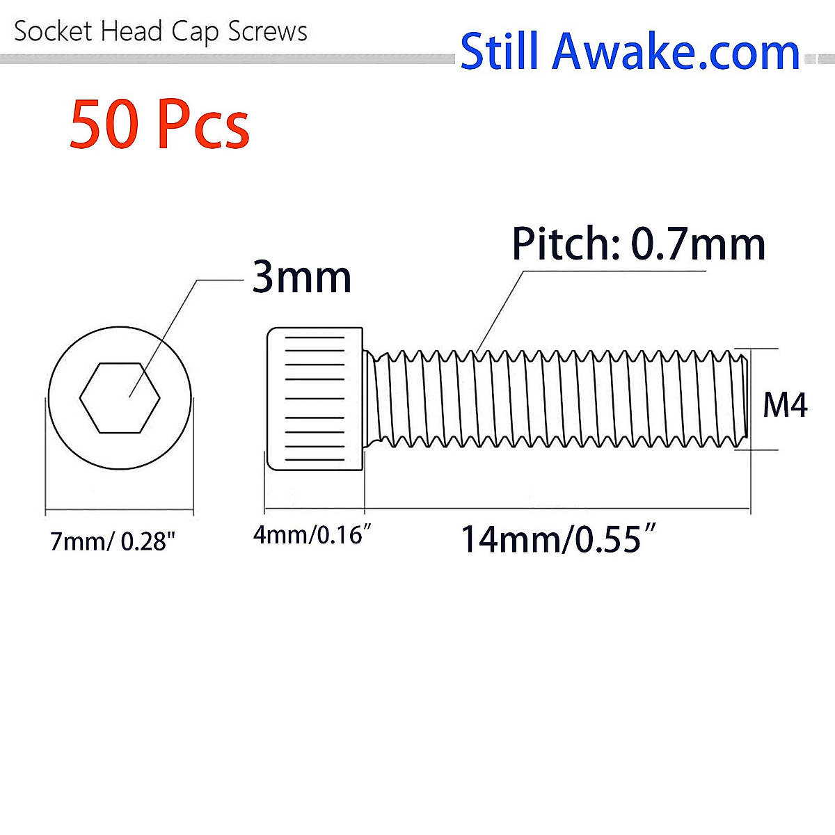 50 Pcs M4-0.7x14mm Stainless Steel Hex Socket Head Cap Screws Bolts Inner Hex Socket Bolt DIN 912