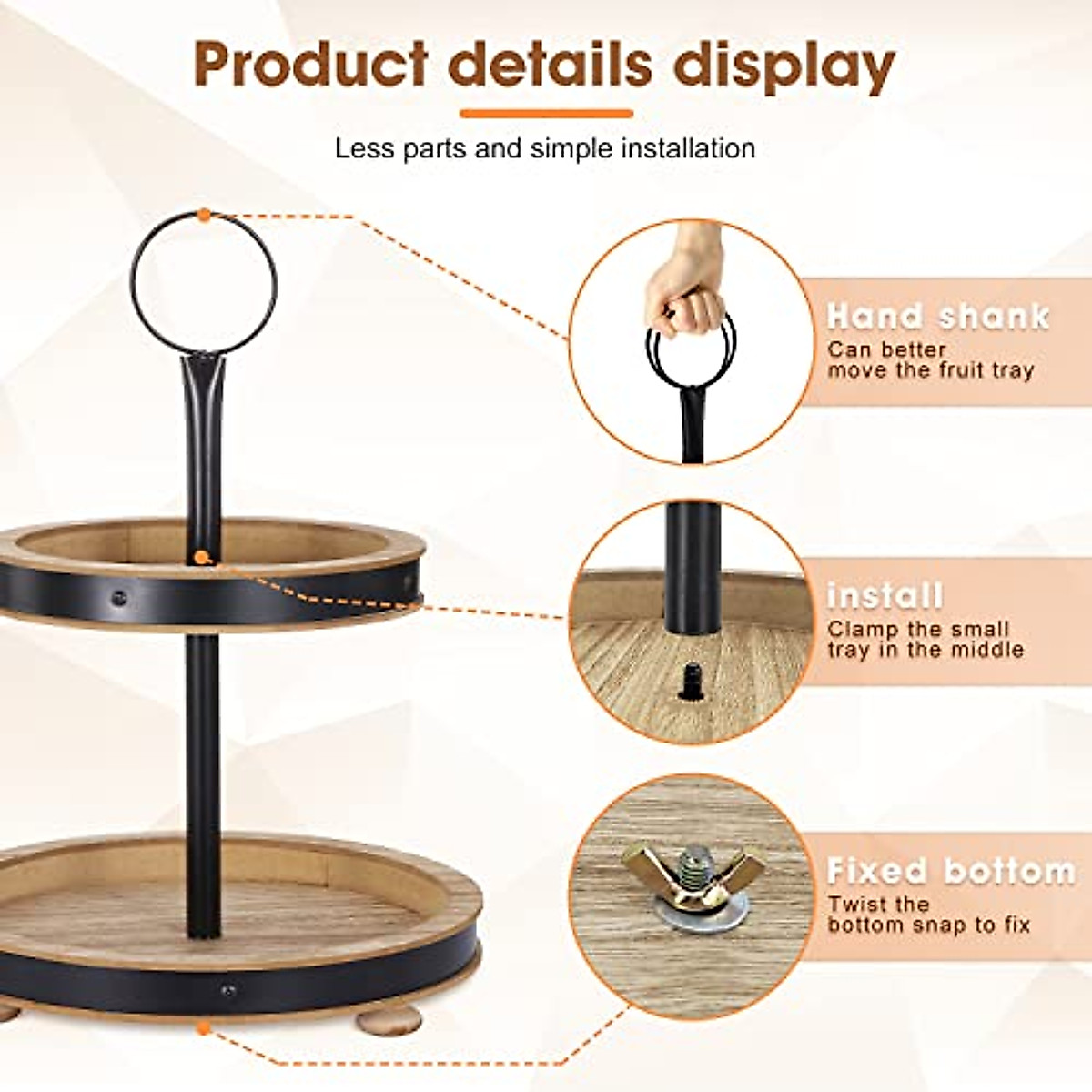 Urban Deco Wood Tiered Tray, 2-Tiered Tray Decorative Dessert Stand, Farmhouse 2 Tier Serving Tray with Metal Handle, Fruits Display Tray for Kitchen Counter, Living Room Table