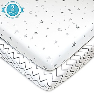 American Baby Company Printed 100% Natural Cotton Jersey Knit Fitted Portable/Mini-Crib Sheet, Grey Stars and Zigzag, Soft Breathable, for Boys and Girls, Pack of 2