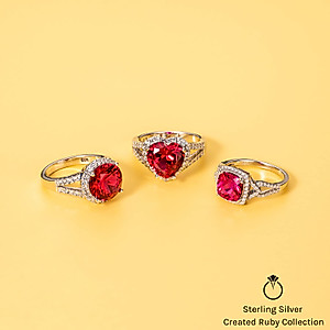 PEORA Created Ruby Statement Ring in Sterling Silver, Elegant Linear Design, 2 Carats Radiant Cut, 8x6mm, Comfort Fit, Size 8