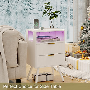 JOONEE White Nightstand with Charging Station and LED Lights,Modern Bedside Table with 2 Storage Drawer and Open Wood Shelf, for Bedroom and Small Spaces,Night Stand with Solid Wood Legs,White