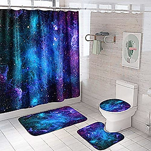 Universe Outer Space Theme 4 Pcs Toilet Lid Cover Bath Mat, Starry Galaxy Shower Curtain Set with Rugs, Flower Shower Curtain with 12 Hooks, Shower Curtain for Bathroom (Starry Sky)