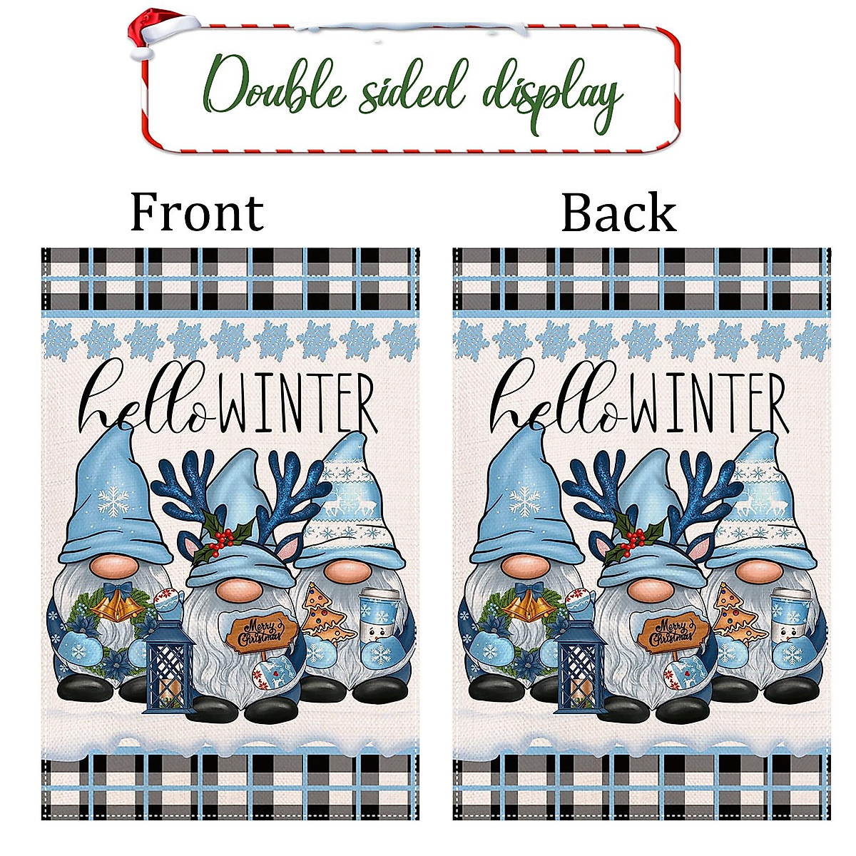 Gnome Garden Flag - Hello Winter Snowflake Garden Flags 12x18 Double Sided Christmas Yard Flag Buffalo Plaid Burlap Farmhouse Welcome Decorative Flags for Outside Outdoor Lawn Xmas Decoration