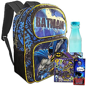 Batman Backpack for Kids - Bundle with 16" Batman Backpack Plus Batman Stickers, Water Bottle, and More for Boys and Girls (Batman School Supplies)