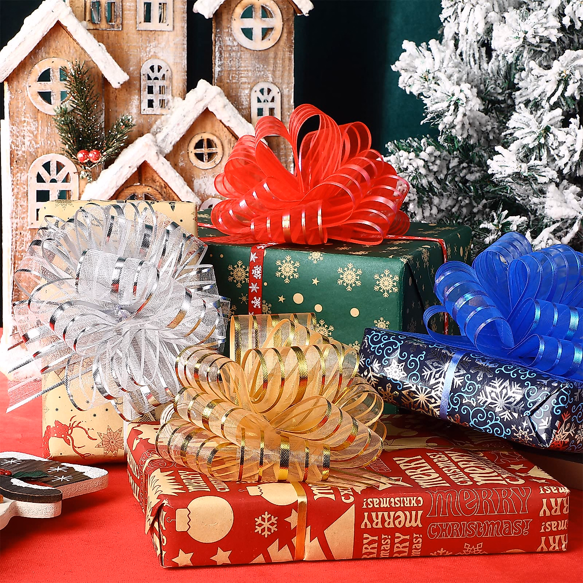 12 Pieces Pull Wrapping Bow Large Organza Gift Pull Bows with Ribbon for Wedding Gift Baskets (Mixed Color, 6 Inch)