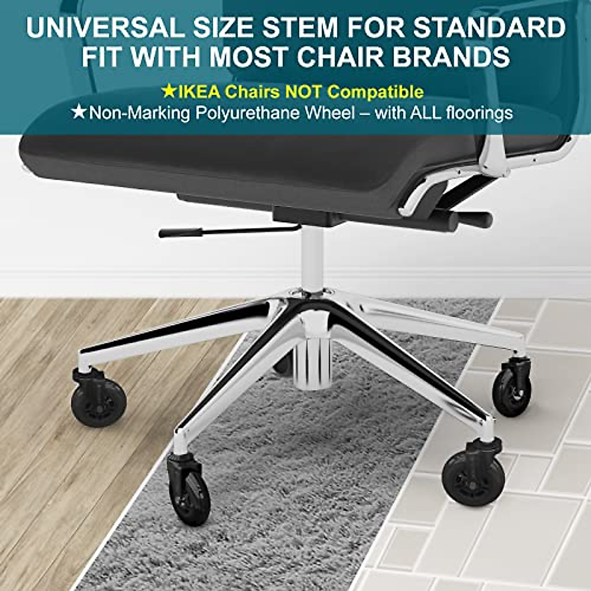 TICONN Office Chair Caster Wheels Set of 5 for Tile, Hardwood Floors and Carpets, Universal Fit for Most Chairs NOT Compatible for IKEA (Black)