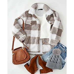 MEROKEETY Womens Plaid Long Sleeve Button Down Fleece Shacket Jackets Sherpa Teddy Coat with Pockets, Khaki, S