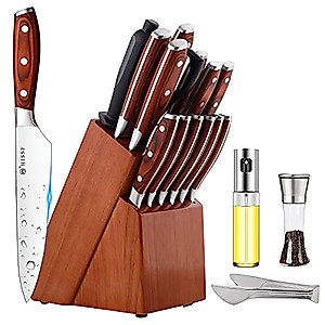 HISSF Japanese Knife Set 18 Piece German High Carbon Stainless Steel Kitchen Knife Sets with Wooden Block, Full Tang Triple Rivet kitchen Knife Block Set for Gift, Chef Knife Set