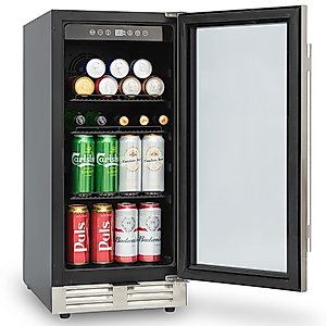 LUMISOL Mini Beverage Refrigerator and Cooler, 15" Cooler Under Counter Built-in or Freestanding, 120 Cans Capacity Wine Cabinet with Blue Interior Light Adjustable Shelves, for Home Bar office