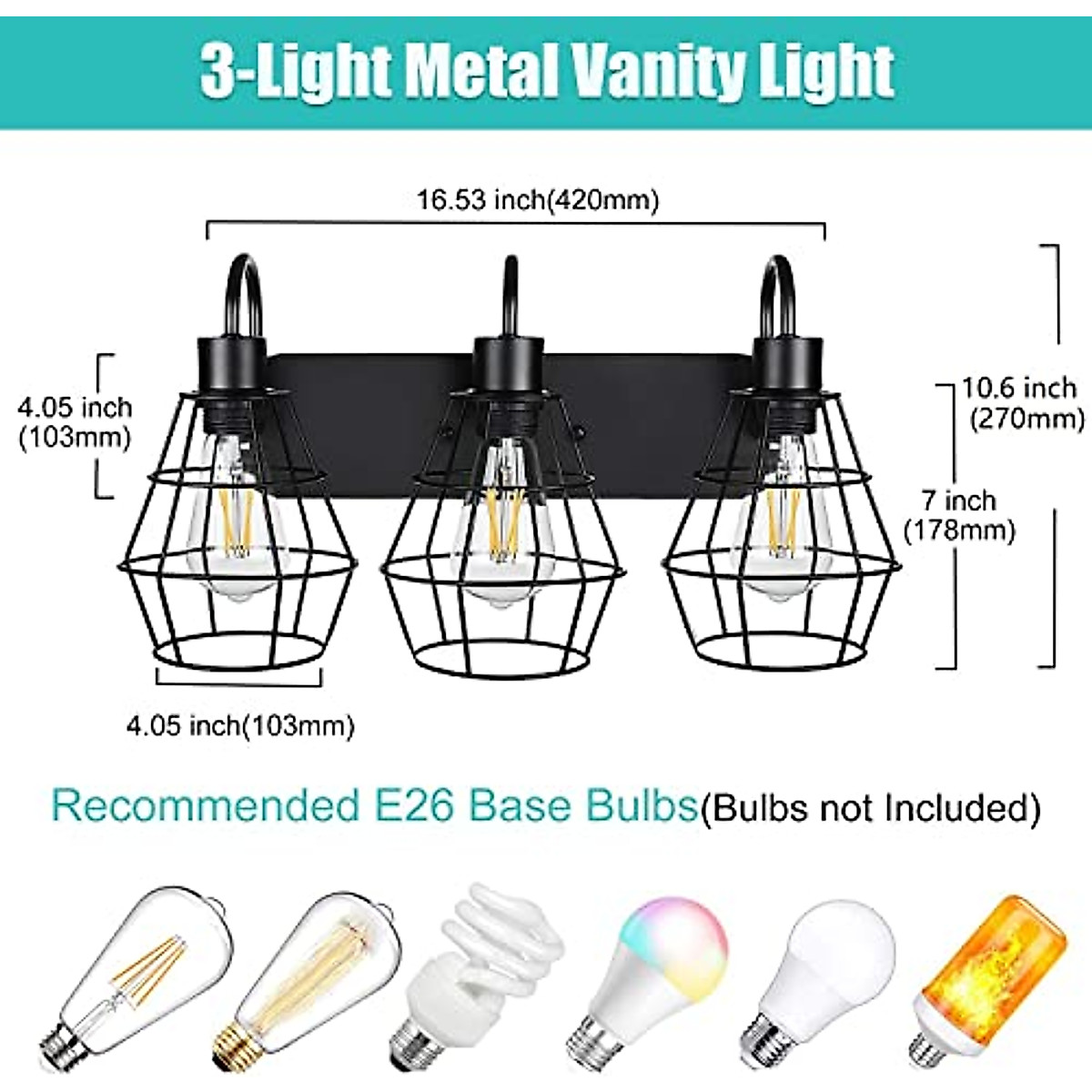 Mlambert 3-Light Industrial Bathroom Vanity Light, Vintage Metal Cage Wall Sconce, Rustic Farmhouse Wall Light Fixture, Wall Lamps for Bedroom, Living Room, Mirror Cabinet, Black (Bulb Not Included)