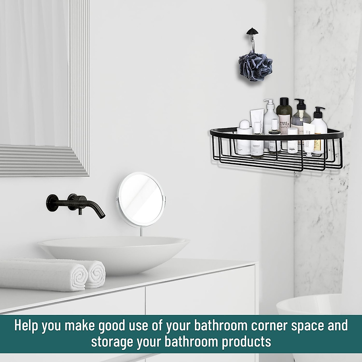 Stainless Steel Wall Mount Shower Caddy, Single Hook & Bath Wipe | Waterproof Durable Corner Shower Rack for Bathroom |Space Saving Bathroom Organizer & Storage for Shampoos Soap Bath Items | Black