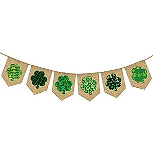 Whaline St. Patrick's Day Burlap Banner with String Green Shamrock Burlap Banner Pre-Assembled Bunting Garland St. Patrick's Day Celebration Hanging Decorations for Home Party Supplies