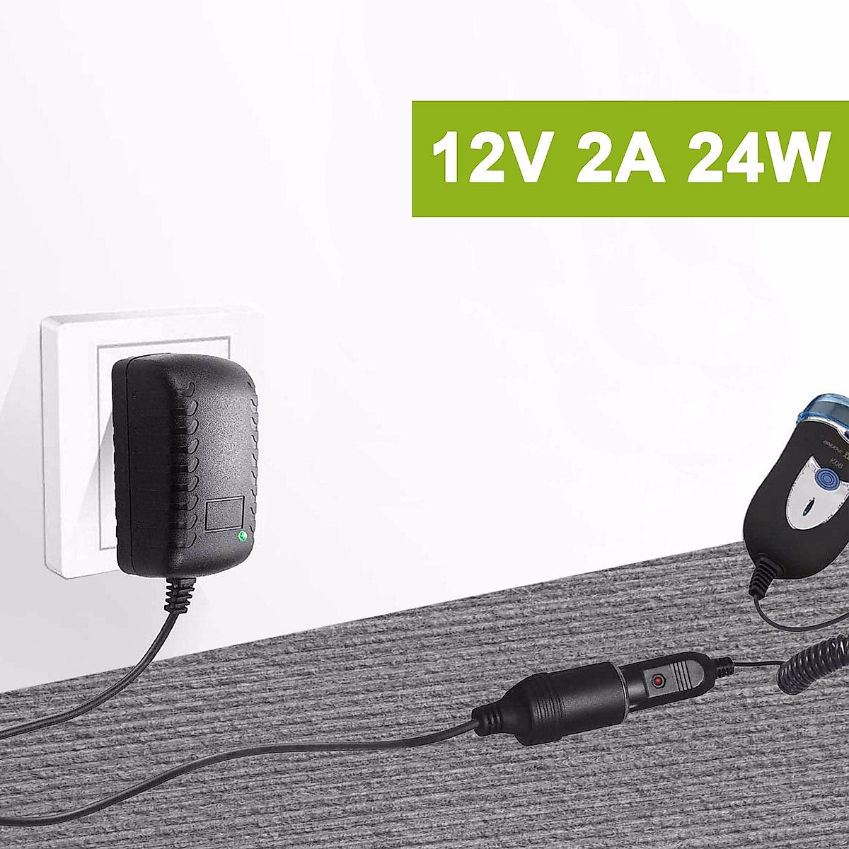 12V Power Supply AC to DC Converter Wall Plug to Car Cigarette Lighter Power Adapter, 110V-240V to 12V Current 2A Max Power 24W Max for Car Shaver Camera Speaker Echo at Home and Hotel, etc