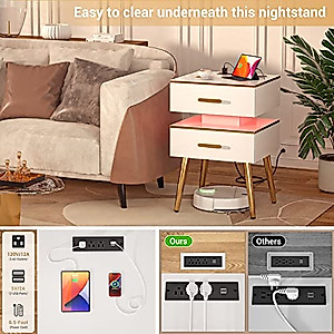 Cyclysio 28.5'' White Nightstand with Charging Station, Tall Bedside Tables with Led Lights, Bed Side Table Night Stand with Drawers for Bedroom and Sofa Side, Bright White Finishing
