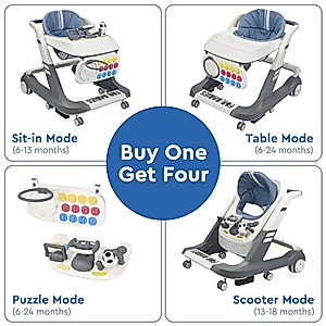 HAPYOOY 4 in 1 Folding Baby Walker, Activity Walker for Boys Girls, Learning-Seated, Toddler Walk-Behind w/Music Toys, Adjustable Height & Speed, Safety Bumper, Infant Walker Anti-Rollover