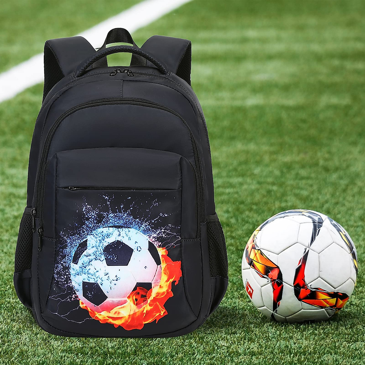 LEDAOU Backpack for Teen Girls School Bags Kids Bookbags Set School Backpack with Lunch Box and Pencil Case (Soccer Black)