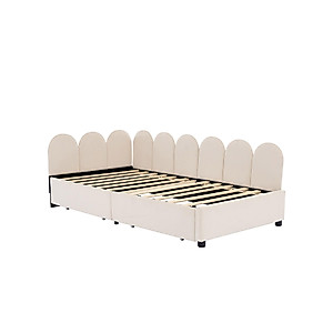 Nahenduo Twin Size Velvet Daybed with 2 Storage Drawers, Upholstered Corner Bed Frame with Arch-Shaped Headboard for Kids Girls and Boys, No Box Spring Needed (White, Twin)