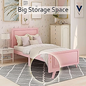 RIDFY Wood Twin Bed Frame with Headboard/Footboard, Modern Platform Camas Frame, Wood Slat Support Mattress Foundation/Noise Free/No Box Spring Needed/Easy Assemble (Pink)