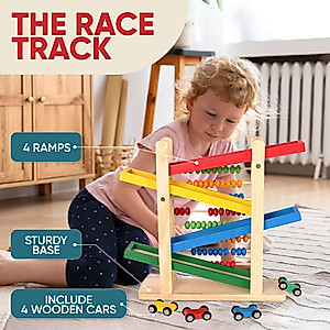 Montessori Toys - Car Track for Toddlers 3-5 with 4 Cars and Abacus for Kids Math - Wooden Cars - Toddler Race Track - Wooden Toys Cars - Autism Toys - Wooden Ramp Racer Car Track Toy Waldorf Toys