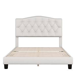 Full Size Upholstered Platform Bed Frame with Saddle Curved Headboard and Diamond Tufted Details, Wooden Slats Support, No Box Spring Needed for Boys Girls Teens Adults, Under Bed Storage (Full)