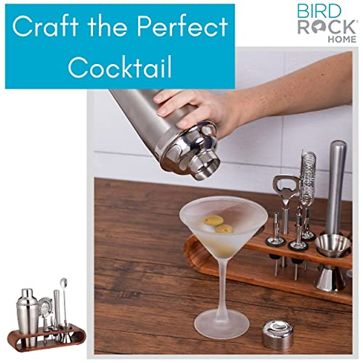 BIRDROCK HOME 10 Piece Bartender Kit with Wood Stand | Acacia | Professional Grade Stainless Steel Cocktail Set | Home Bar Tools | Gifts for Him | Shaker Bottle Opener