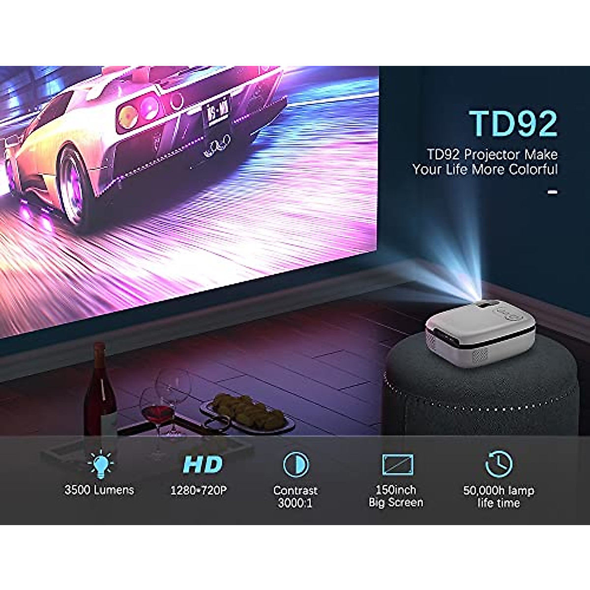 DROOS New Tech 5G Mini Projector TD92 Native 720P Smart Phone Projector 1080P Video 3D Home Theater Portable Proyector (Size (projectors)