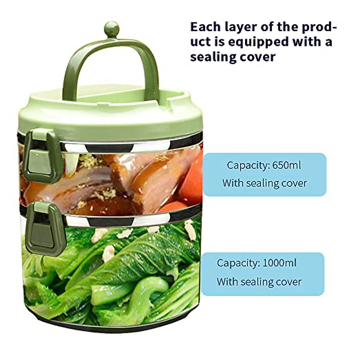 SANQIAHOME 2 Tier Stackable Stainless Steel Lunch Box Sealed(green, 2 layers)