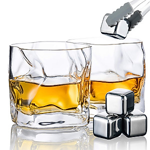 YouYah Whiskey Glasses Set, Crystal Whisky Glasses with 4 Stainless Steel Ice Cubes and Ice Tong, Gifts for Men, Lowball Bar Glass for Brandy, Cocktail, Vodka, Cognac