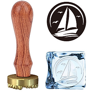 ORIGACH Sailboat Pattern Ice Stamp with Removable Brass Head & Wood Handle Ice Branding Stamp for Drinks Bar DIY Cocktail Martini Whiskey Mojito