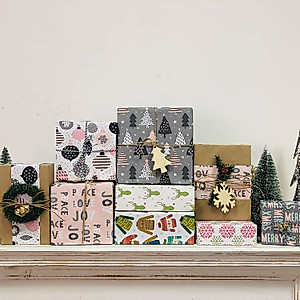 WRAPAHOLIC Christmas Kraft Wrapping Paper Roll - Pink and Grey Christmas Set for Holiday, Party Deco - 4 Rolls - 30 Inch X 120 Inch Per Roll