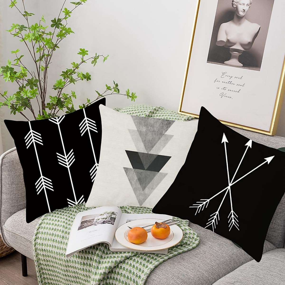 IcosaMro Throw Pillow Covers Black and White Pillow Cases Set of 4 Arrow Mountain 18x18 Decorative Square Zippered Cotton Linen Cushion Cover Room Sofa Decor