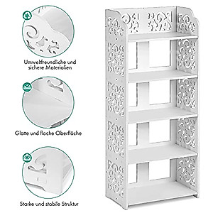 5 Tier Shoes Rack, Modern White Wood Shoe Storage Shelf Space Saving Shoe Display Stand, Free Standing Shoes Storage Tower Organizer Closet Shelves for Home Living Room Hallway Office
