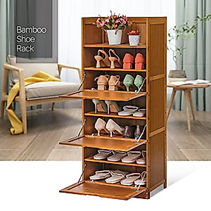 MoNiBloom 7 Tier Shoe Storage Cabinet, Bamboo Narrow Shoes Sneakers Rack Organizer Stand with Pull-Down Doors for 16-20 Pairs Entryway Hallway Living Room, Brown