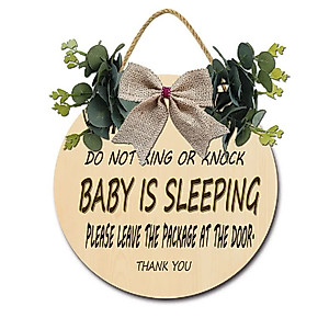 Weytff Baby Sleeping Sign For Front Door Funny Baby Sleeping Hanging Sign Plaque, Do Not Knock Or Ring The Bell, Round Wooden Door Hanger For Baby Room, Nursery, Front Door, Door Knob Decor 11X11"