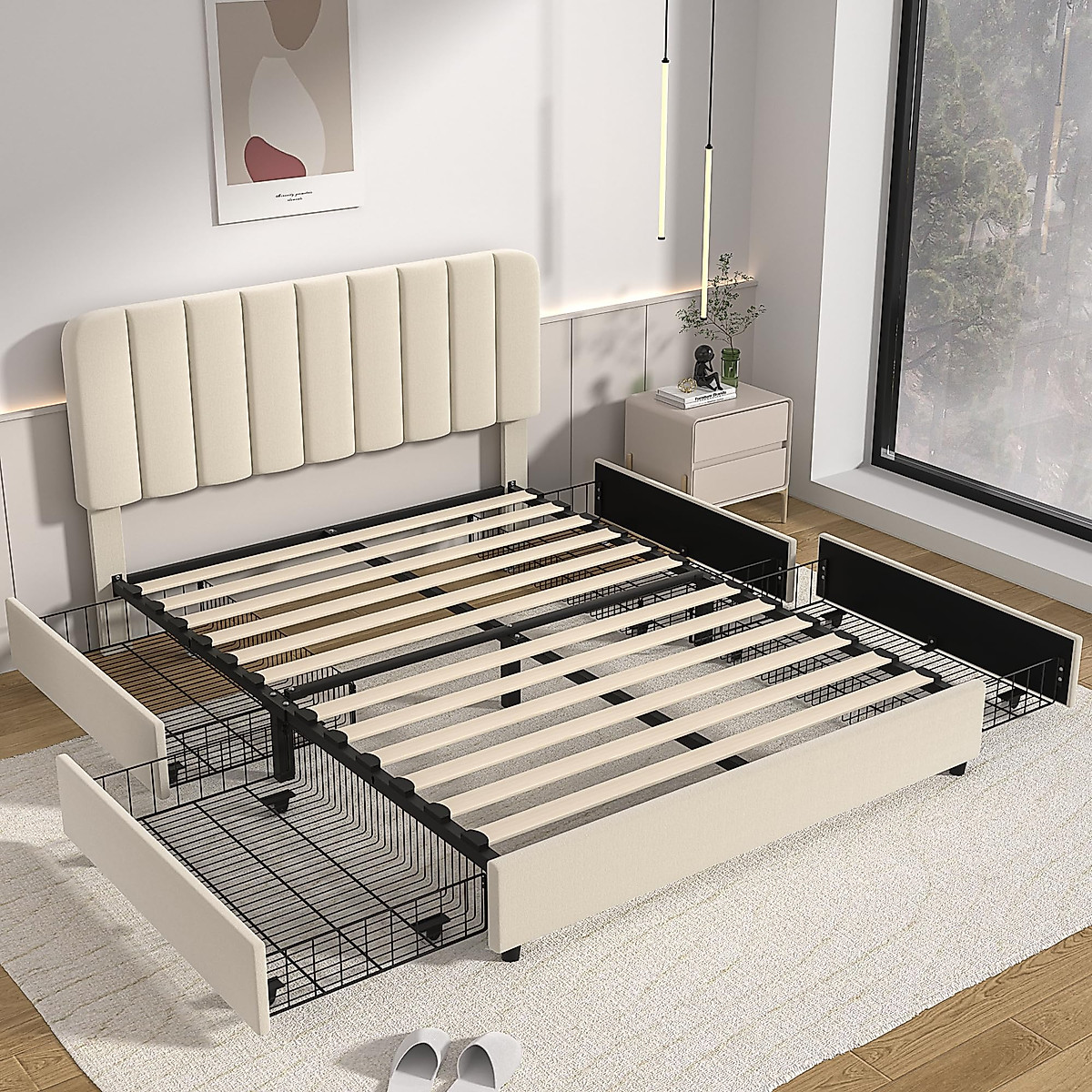 VECELO Queen Size Upholstered Bed Frame with 4 Drawers and Adjustable Headboard, Velvet Platform Storage Bedframe Mattress Foundation, Wooden Slats Support, No Box Spring Needed, Beige