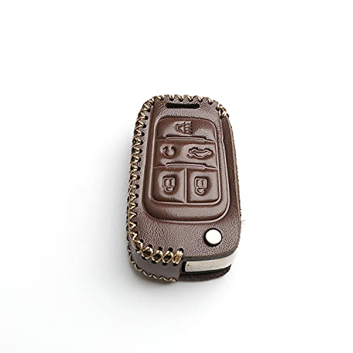WFMJ Leather for Chevrolet Camaro Cruze Sonic Buick GMC Flip 5 Buttons Key Fob Case Cover Chain (Brown)