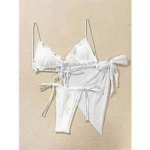 Lilosy Petite Sexy 3 Piece Skirt Cover Ups Bikini Set Ruffle Ribbed G String Tie Triangle Thong Coverups Swimsuit Women High Cut Cheeky Brazilian Bottom Bathing Suit White X-Small