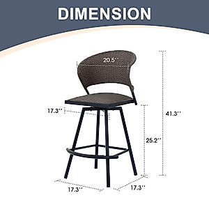 VICLLAX Outdoor 180-Degree Swivel Bar Stools Set of 2, Rattan Tall Patio Chair for Garden Pool Lawn Backyard, Brown