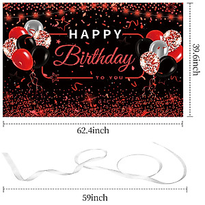 Red and Black Happy Birthday Background Banner Sign Poster Large Fabric Glitter Balloon Fireworks Sign Birthday Photo Backdrop Background for Kid Adults Birthday Party Decoration Supplies,65 x 41 Inch