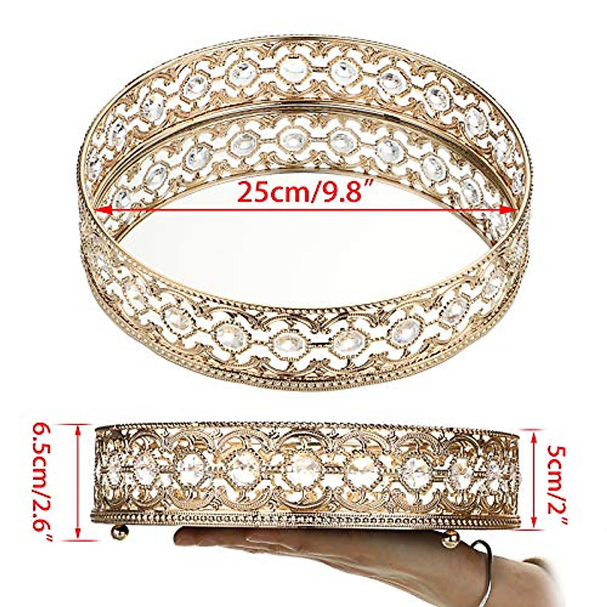 ELLDOO Crystal Mirror Vanity Tray - 9.8" Round Jewelry Trinket Tray Gold Decorative Tray for Dresser Glass Makeup Tray Bathroom Tray Storage Perfume Organizer for Bedroom