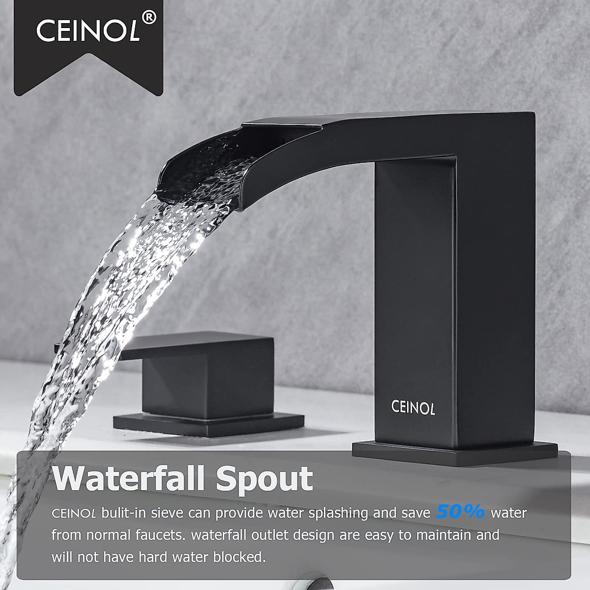 CEINOL Waterfall Bathroom Faucet Matte Black, Bathroom Sink Faucet 3 Hole, Widespread Bathroom Faucet Set with Pop Up Drain and Hose