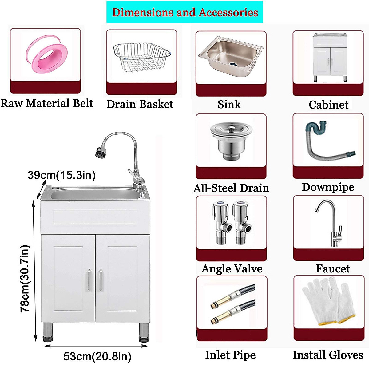 AVIMYA Upgraded Kitchen Sink Freestanding Utility Sink Laundry Cabinet Wash Basin with Hot and Cold Faucet for Balcony Garage Bathroom, Easy to Assemble/20.8X15.3In