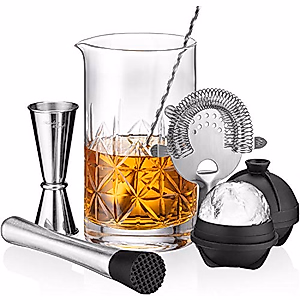 Mixology & Craft Cocktail Set - 7-Piece Bartender Kit - Mixing Glass Set Includes Crystal Stirring Glass (24oz), Japanese Jigger, Spoon, Muddler and Strainer - Bar Accessories and Tools