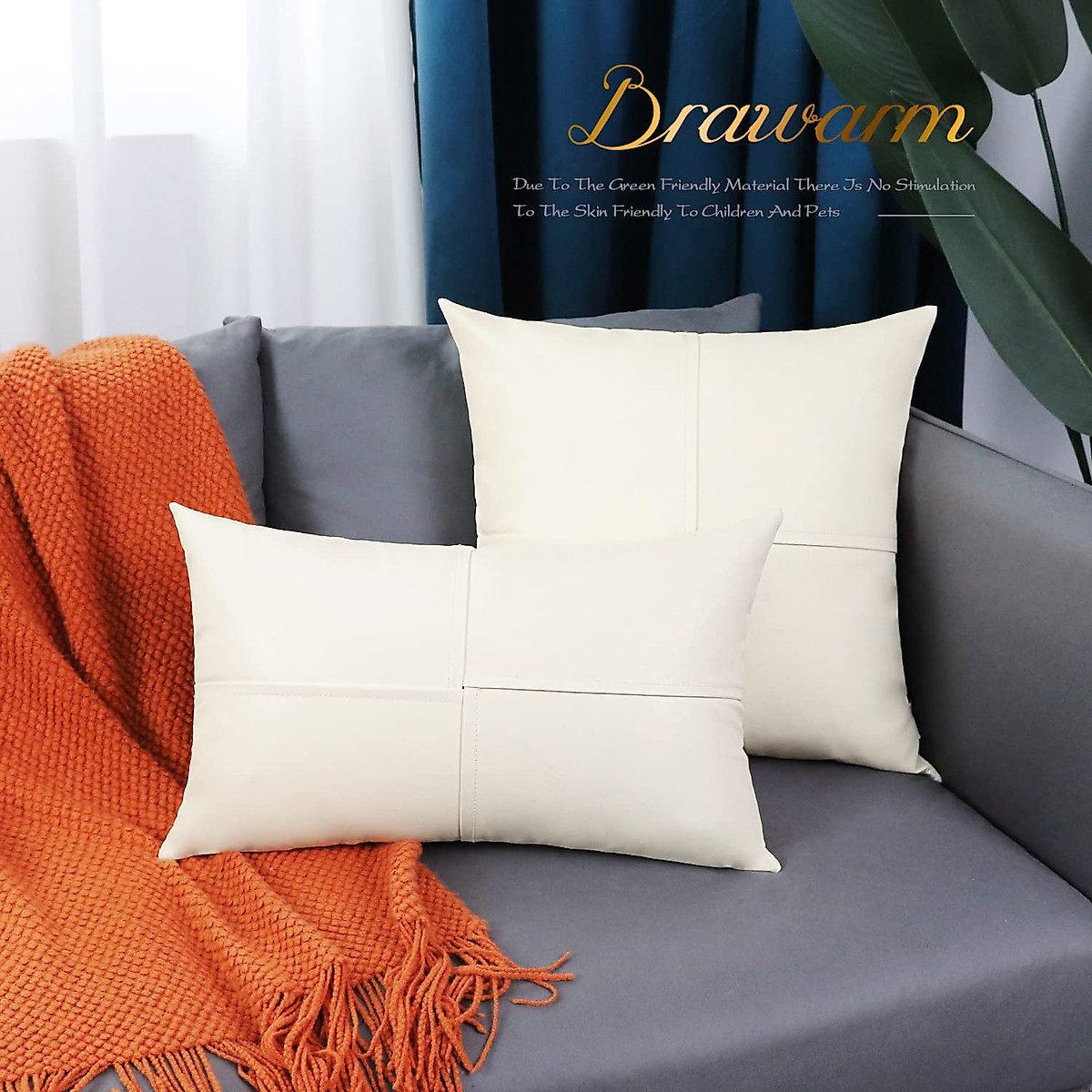 BRAWARM Faux Leather Throw Pillow Covers 20 X 20 Inches, Cream Leather Pillow Covers Pack of 2, Hand Stitched Leather Decorative Throw Pillows for Couch Sofa Bed Living Room Home Garden