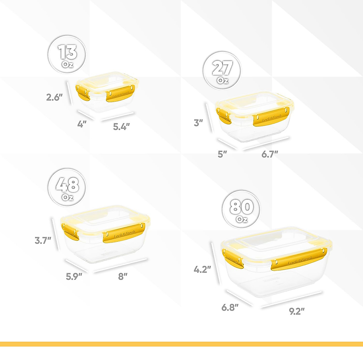 Superio Plastic Airtight Food Storage Containers, Set of 4 Sealed Clear Container Bowls with Lids, BPA Free, Rectangular, Yellow