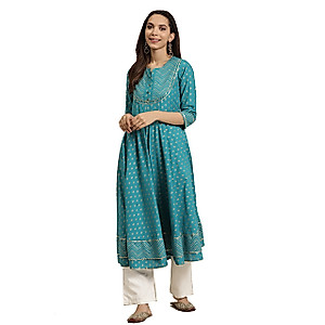Yash Gallery Women's Cotton Blend Floral Print Anarkali Kurta (Blue)